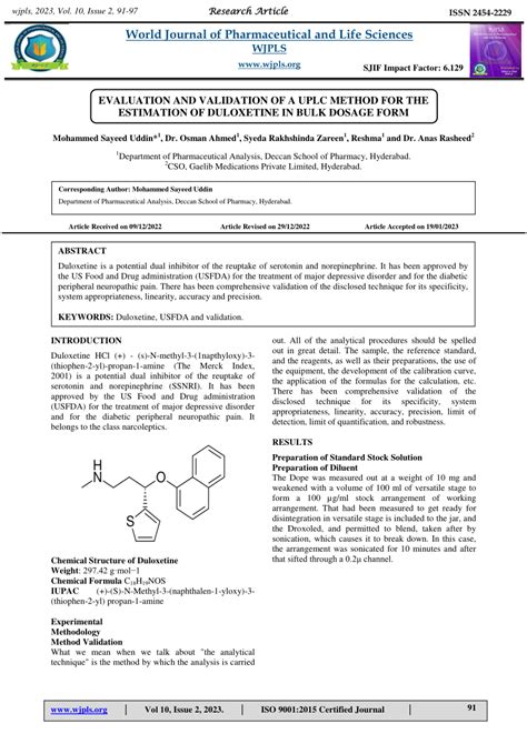 Pdf Evaluation And Validation Of A Uplc Method For The Estimation Of Duloxetine In Bulk Dosage