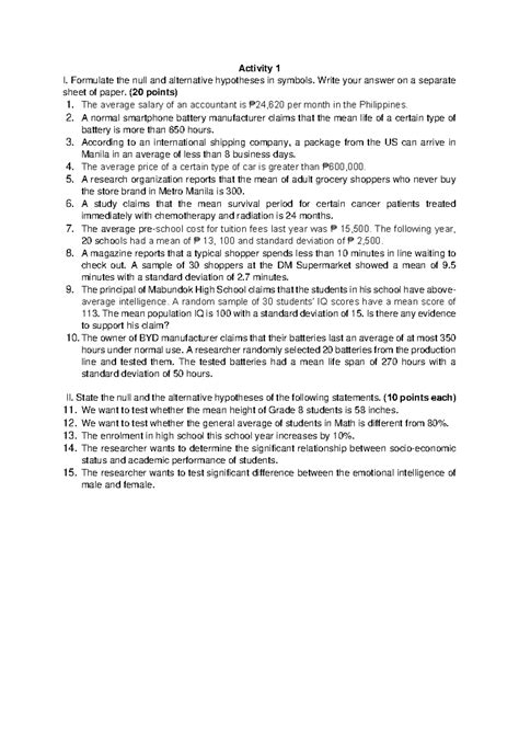 Formulating Hypothesis Activity 1 I Formulate The Null And Alternative Hypotheses In Symbols
