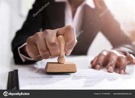 Close Businesswoman Putting Stamp Documents Office Stock Photo By AndreyPopov