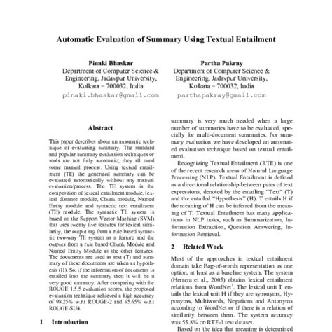Automatic Evaluation Of Summary Using Textual Entailment Acl Anthology