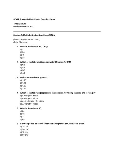 Staar Math Test Question Paper Pdf Area Length