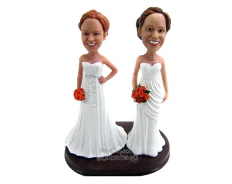 Custom Bobblehead Lesbian Same Sex Couple At Their Wedding Wearing Gowns With Bo Action Figures