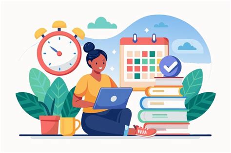 A Woman Works On Her Laptop Organizing Study Time With A Reminder While Sitting By Books And