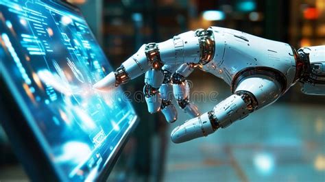 Robotic Hand Interacts With Digital Screen In Futuristic Setting Ai Generative Stock