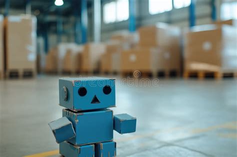 Small Toy Cardboard Robot Against The Background Of A Real Warehouse Stock Illustration