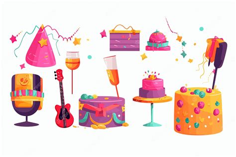 디스코 볼 모자 칵테일과 케이크 격리 흰색 배경 벡터 만화 일러스트와 함께 설정하는 생일 파티 프리미엄 벡터