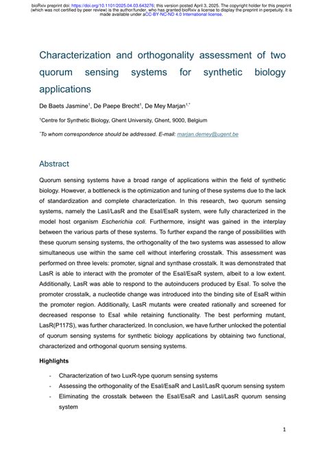 Pdf Characterization And Orthogonality Assessment Of Two Quorum