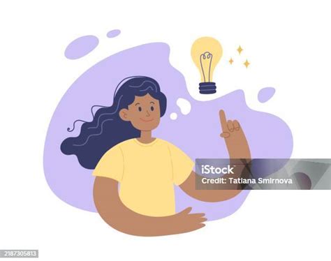 새로운 아이디어 전구 개념입니다 그녀의 머리 위에 램프를 가진 젊은 긍정적 인 여자 플랫 스타일의 벡터 일러스트 레이 션 결정에 대한 스톡 벡터 아트 및 기타 이미지