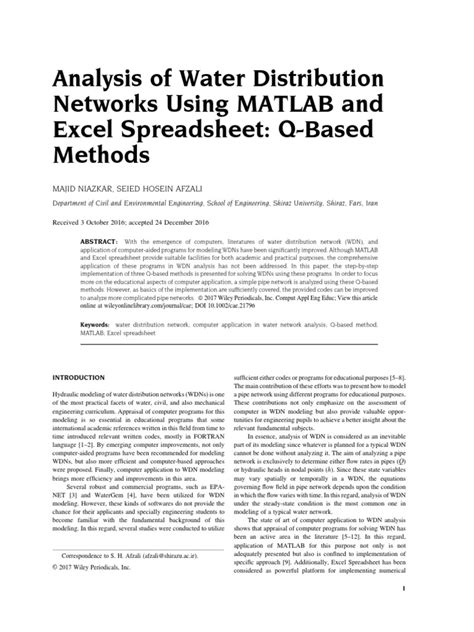 analysis of water distribution networks using matlab pdf pdf matrix