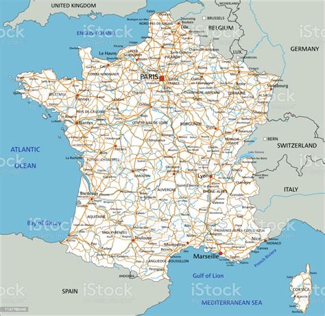 Ilustración De Alto Mapa Detallado De Francia Con El Etiquetado Y Más