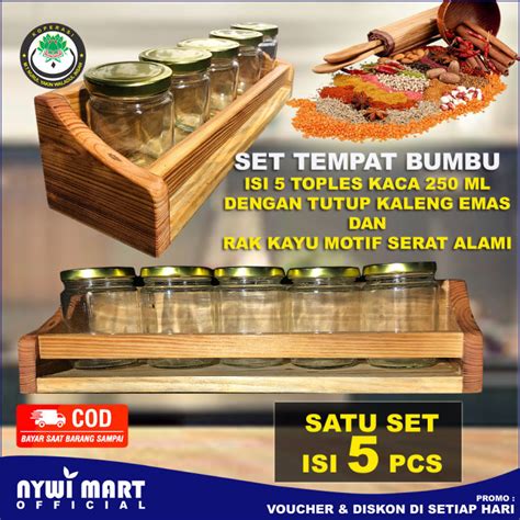 PAKET ISI Pcs Toples Kaca Set Tempat Bumbu Dapur Rak Kayu Motif Rak Bumbu Dapur Tempat