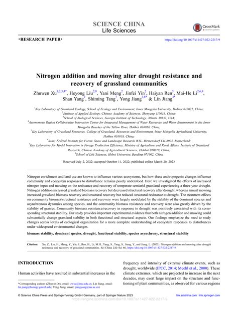 Pdf Nitrogen Addition And Mowing Alter Drought Resistance And