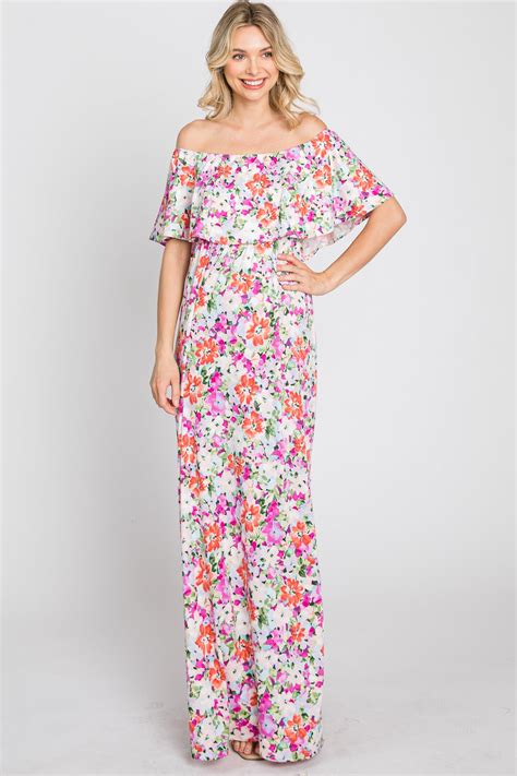 Fuchsia Floral Off Shoulder Maxi Dress Pinkblush