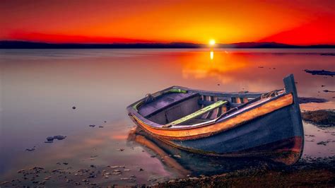 Картинки вечір захід сонця озеро човен краса обои 1920x1080 картинка №553344