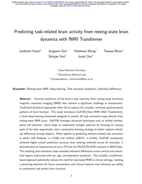 Pdf Predicting Task Related Brain Activity From Resting State Brain Dynamics With Fmri Transformer