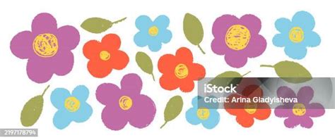 크레용 낙서 꽃과 잎 모음 봄 부활절 그림 와 파스텔 또는 분필 질감 흰색 배경에 그런 지 색상 벡터 그림 0명에 대한 스톡 벡터 아트 및 기타 이미지 Istock