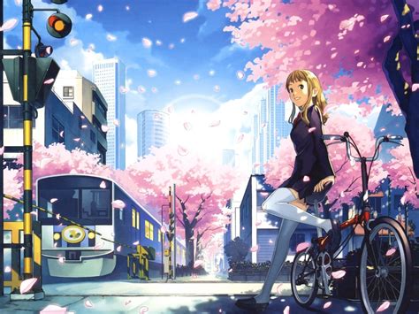 배경 화면 스마일 애니메이션 소녀 자전거 사쿠라 기차 2560x1600 그림 이미지