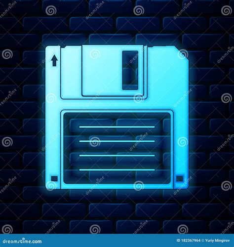 Glowing Neon Floppy Disk For Computer Data Storage Icon Isolated On Brick Wall Background