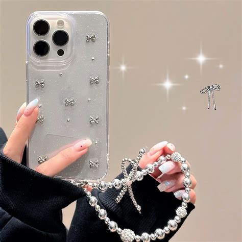 Блестящий 3D Серебряный чехол с бантом и браслетом Для Iphone 15 14 13 ...