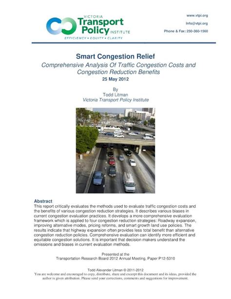 Pdf Comprehensive Analysis Of Traffic Congestion Costs And Congestion Reduction Benefits