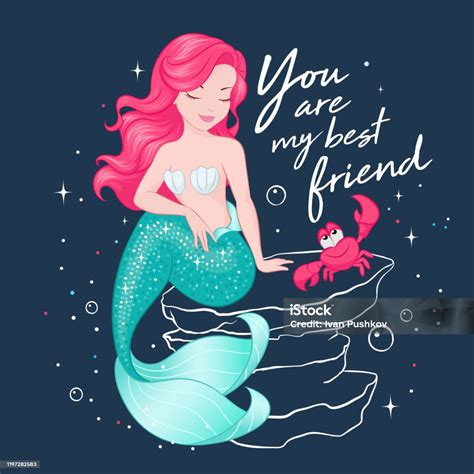 어두운 배경에 아름다운 인어 귀여운 인어 게 티셔츠 또는 어린이 패션 작품 어린이 책 현대 스타일의 패션 일러스트 드로잉 T 셔츠에 대한 스톡 벡터 아트 및 기타 이미지