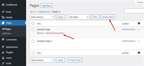 how to delete a page and setup redirection in wordpress website