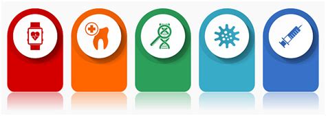 의료 아이콘 세트 스마트 워치 치과 의사 Dna 바이러스 및 주사기와 같은 기타 벡터 아이콘 현대적인 디자인 인포 그래픽 템플릿 5 가지 색상 옵션의 웹 버튼 0명에 대한