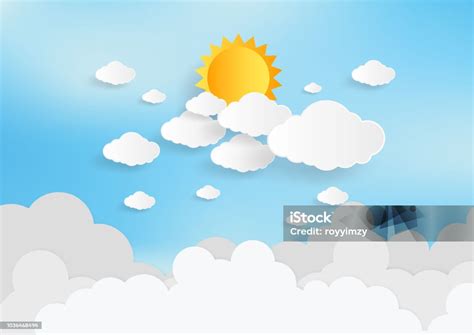 푸른 하늘 그리고 구름 배경 태양입니다 종이 아트 스타일 벡터 일러스트 레이 션 0명에 대한 스톡 벡터 아트 및 기타 이미지 0명 3차원 형태 개념 Istock