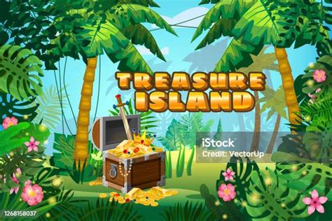 보물 섬 해적 가슴 은 금화 보석 크라운 칼의 전체 정글 열대 숲 야자수 다른 이국적인 식물 잎 꽃 리아나 식물 열대 우림 풍경