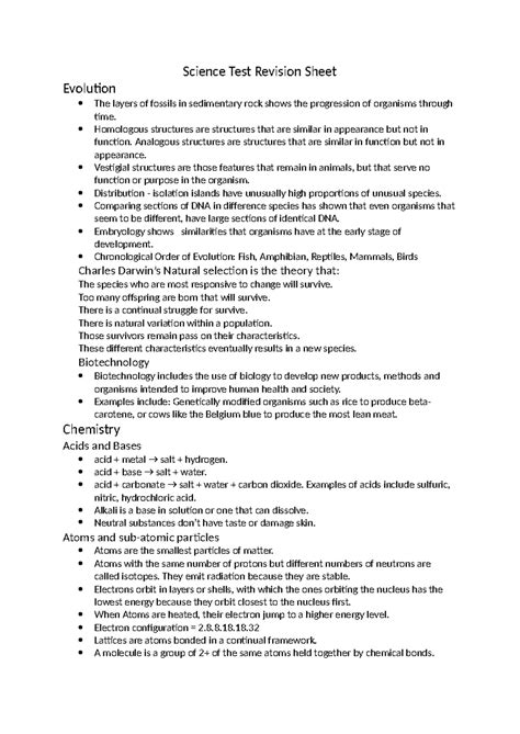 Science Test Revision Sheet Science Test Revision Sheet Evolution The