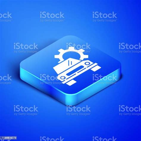 파란색 배경에 격리 된 아이소메트릭 자동차 서비스 아이콘입니다 자동 정비사 서비스 수리 서비스 자동차 정비사 유지 보수 기호입니다 파란색 사각형 버튼입니다 벡터