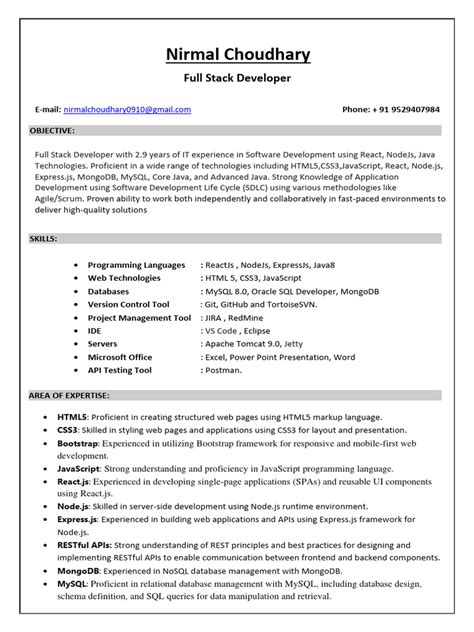 Nirmal Full Stack Developer Resume Pdf Java Script Databases