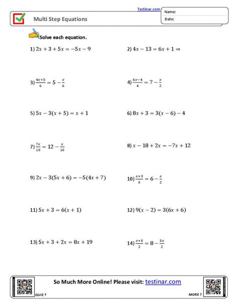 8th Grade Multi Step Equations Worksheet Printable Pdf Template