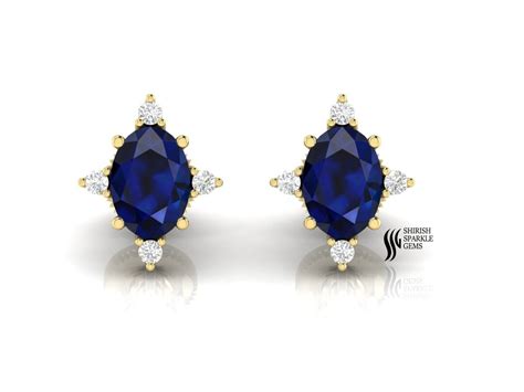 Oval Blue Sapphire Diamond Earring 14k Solid Gold Women Earringtiny