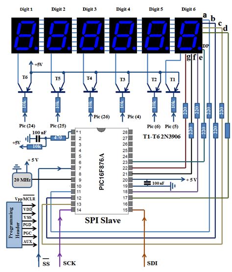 6 Digits Common Anode 7 Segment Display Spi Slave Schematic