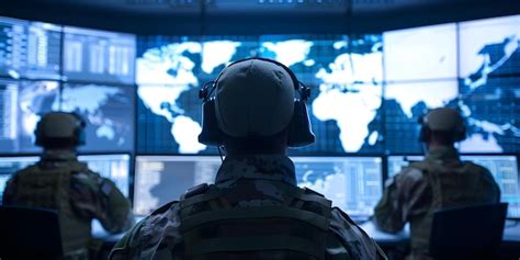 Soldiers Watch Screens In Hightech Global Surveillance Command Center Concept Military