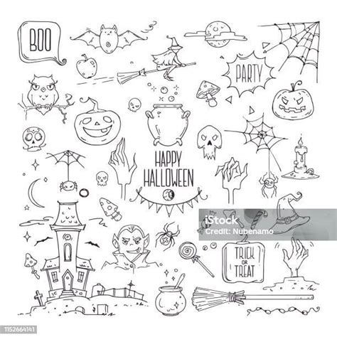 할로윈 기호 선형 삽화 레터링 클립 아트 컬렉션 손으로 그린 축제 전단지 포스터 배너 초대장 디자인 서식 파일에 대 한 요소입니다 흰색 배경에 고립입니다 할로윈에 대한 스톡