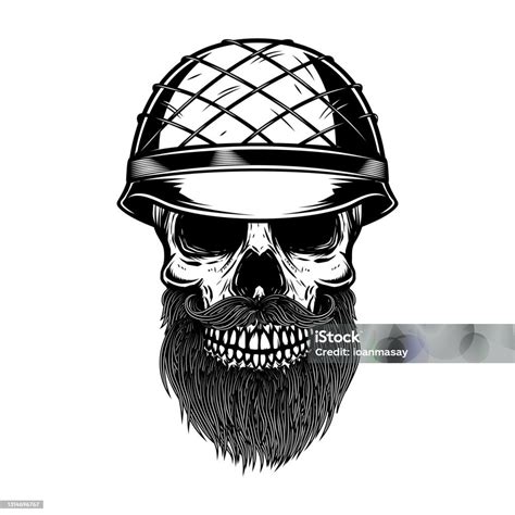 군대 헬멧에 수염 군인 두개골의 그림 라벨 기호 엠블럼용 디자인 요소 벡터 일러스트레이션 해병대에 대한 스톡 벡터 아트 및 기타