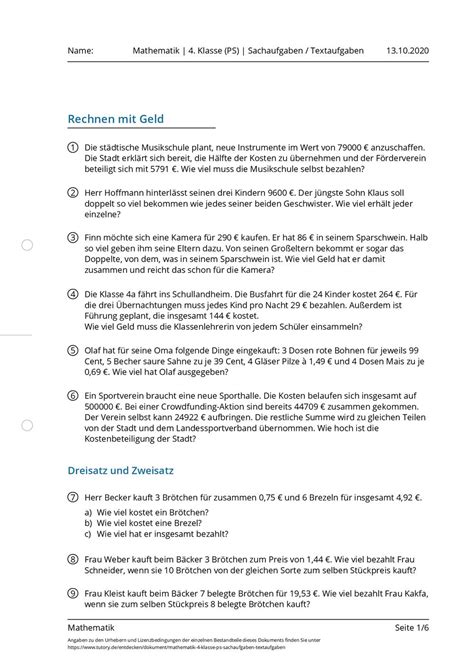 Arbeitsblatt Mathematik 4 Klasse Ps Sachaufgaben