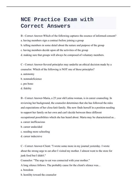 NCE Practice Exam With Correct Answers NCEg Stuvia US