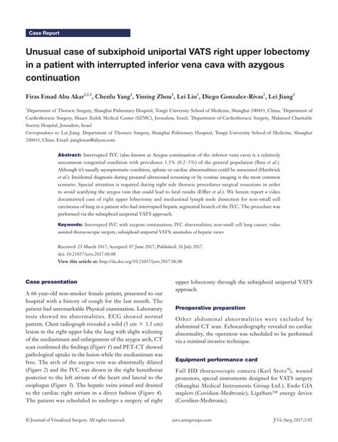 Pdf Unusual Case Of Subxiphoid Uniportal Vats Right Upper Lobectomy In A Patient With