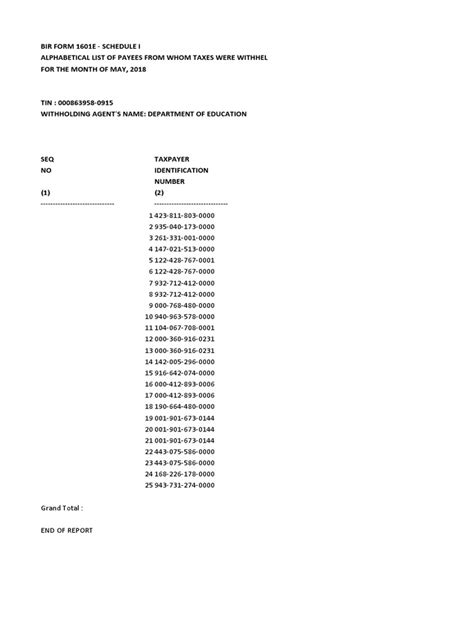 Bir Form 1601e Schedule I Alphabetical List Of Payees From Whom Taxes
