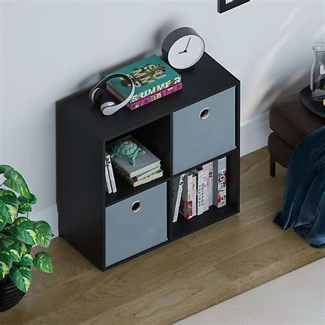 Vida Designs Durham Black 2x2 Cube Storage Unit And Set Of 2 Grey Cube Foldable Storage Baskets