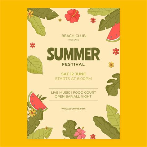 여름 축제를 위한 손으로 그린 수직 포스터 템플릿 무료 벡터