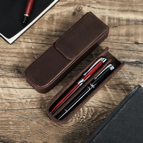 수제 100 누벅 가죽 2 슬롯 펜 케이스 펜 파우치 가방 레트로 소가죽 사무실 학교 연필 주최자 남녀 학생