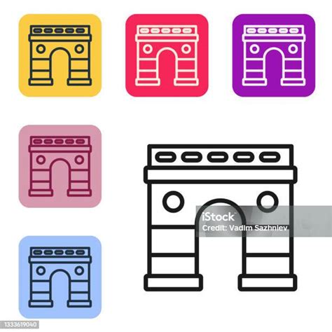 흰색 배경에 격리 된 검은 줄 승리 아치 아이콘 파리 프랑스의 랜드 마크 색상 정사각형 단추로 아이콘을 설정합니다 벡터 건설