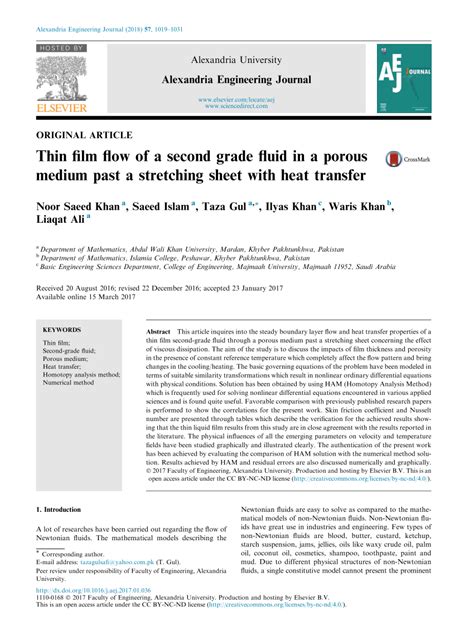 Pdf Thin Film Flow Of A Second Grade Fluid In A Porous Medium Past A Stretching Sheet With