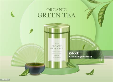 현실적인 상세한 3d 유기농 녹차 광고 배너 개념 포스터 카드 벡터 녹차에 대한 스톡 벡터 아트 및 기타 이미지 녹차 잎 0명 Istock