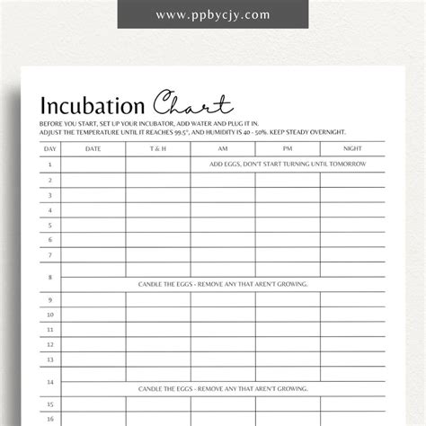 Incubation Chart Printable Template Egg Hatching Tracker Digital Download Temperature