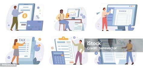 세금 지불 벡터 일러스트레이션 세트입니다 인보이스 세금 청구서 재무 연간 회계 계산 및 지불 예산 분석 및 거래 급여 플랫 만화를 가진 사람들 계산기에 대한 스톡 벡터 아트